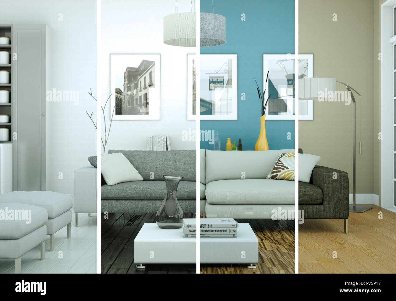 Splitted color variations of a modern loft interior design Stock Photo ...
