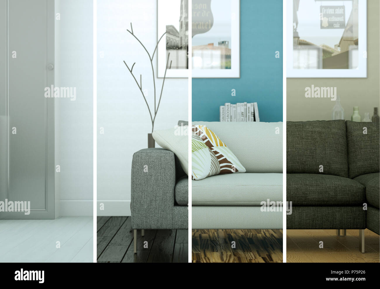 Splitted color variations of a modern loft interior design Stock Photo ...