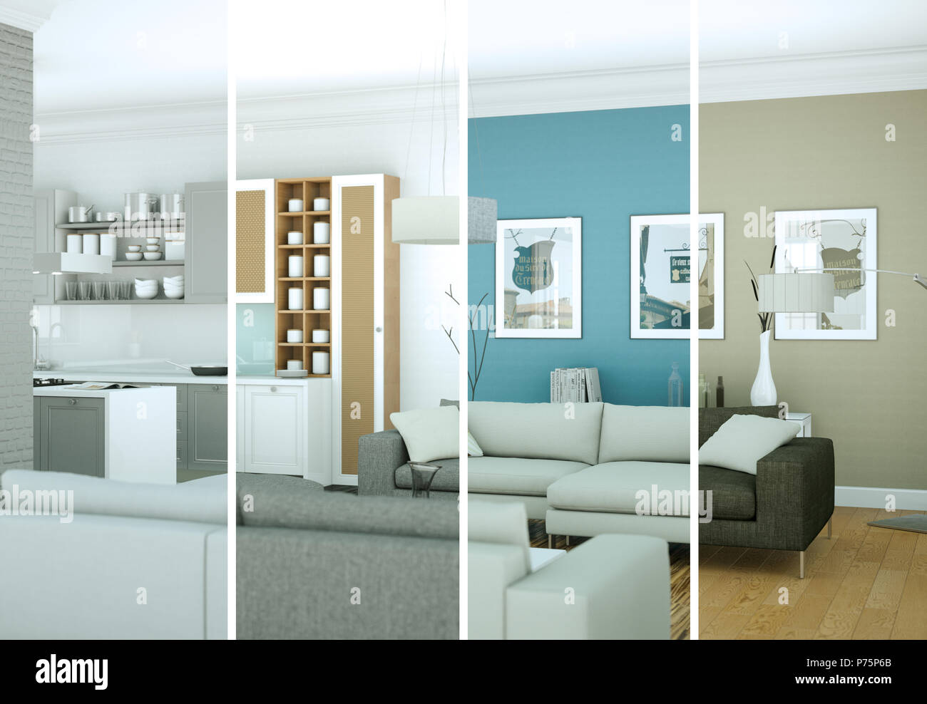 Splitted color variations of a modern loft interior design Stock Photo ...