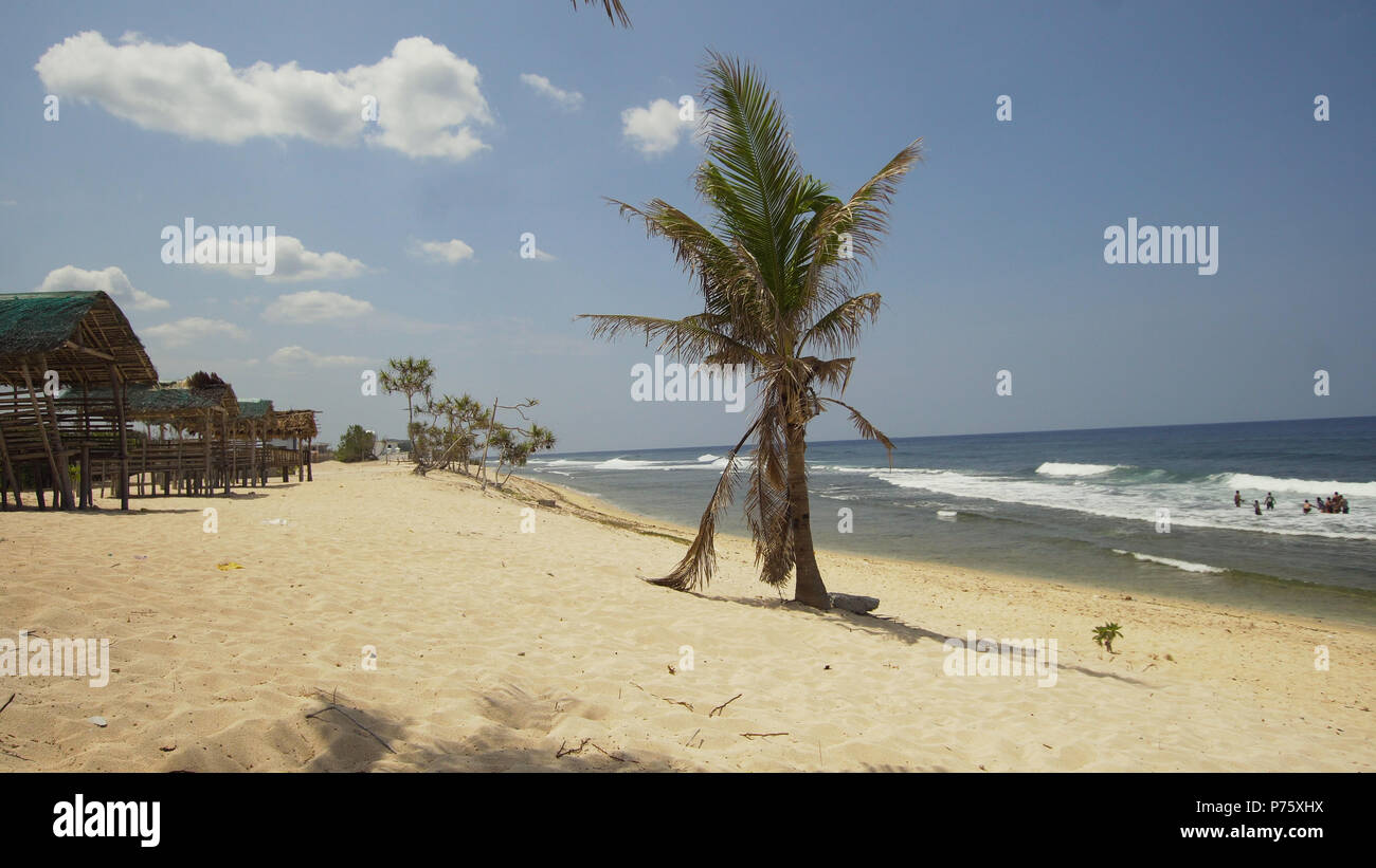 Tropical island with white sandy beach in blue lagoon, palm tree ...