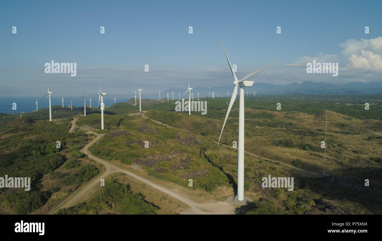 Aerial view of Windmills for electric power production on the seashore ...