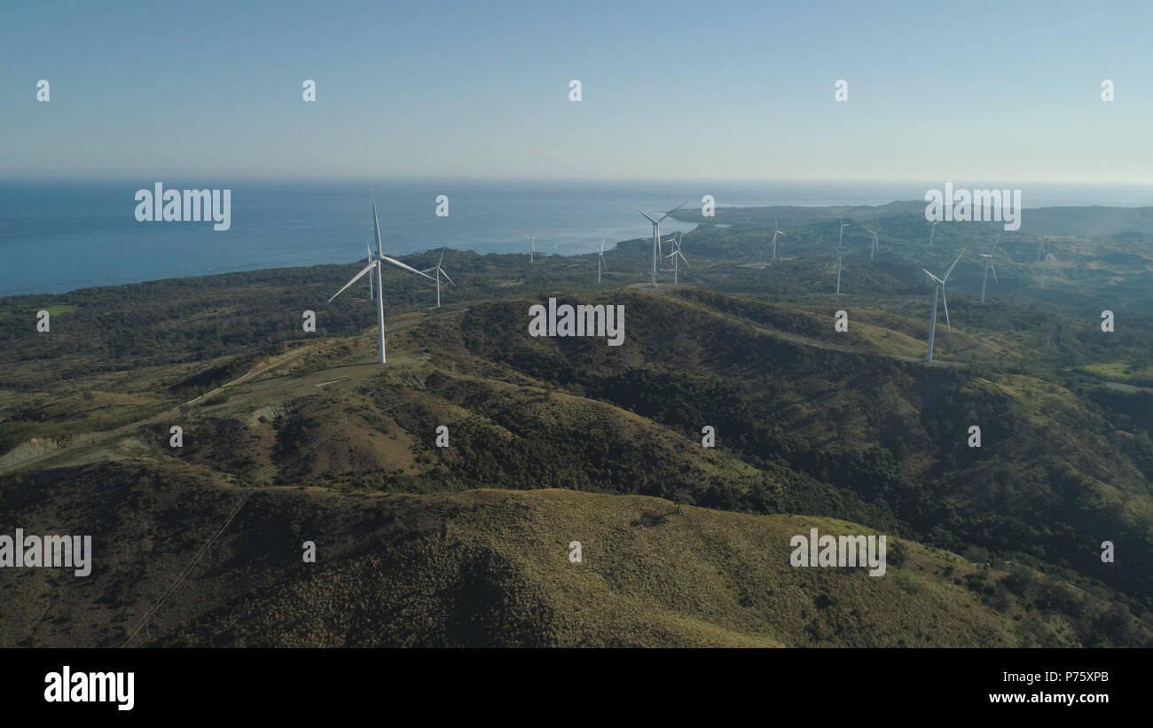 Aerial view of Windmills for electric power production on the seashore ...