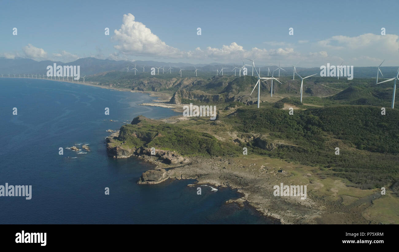 Aerial view of Windmills for electric power production on the coast ...
