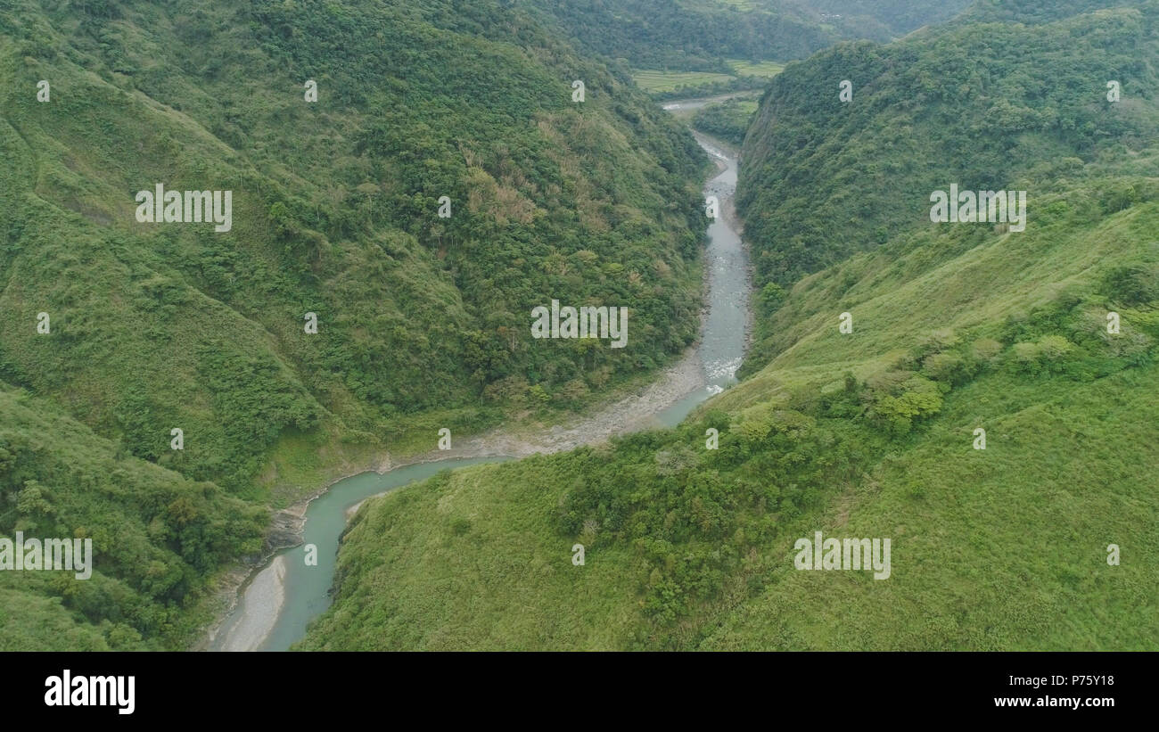 Aerial view of mountain river in the cordillera gorge, mountains ...