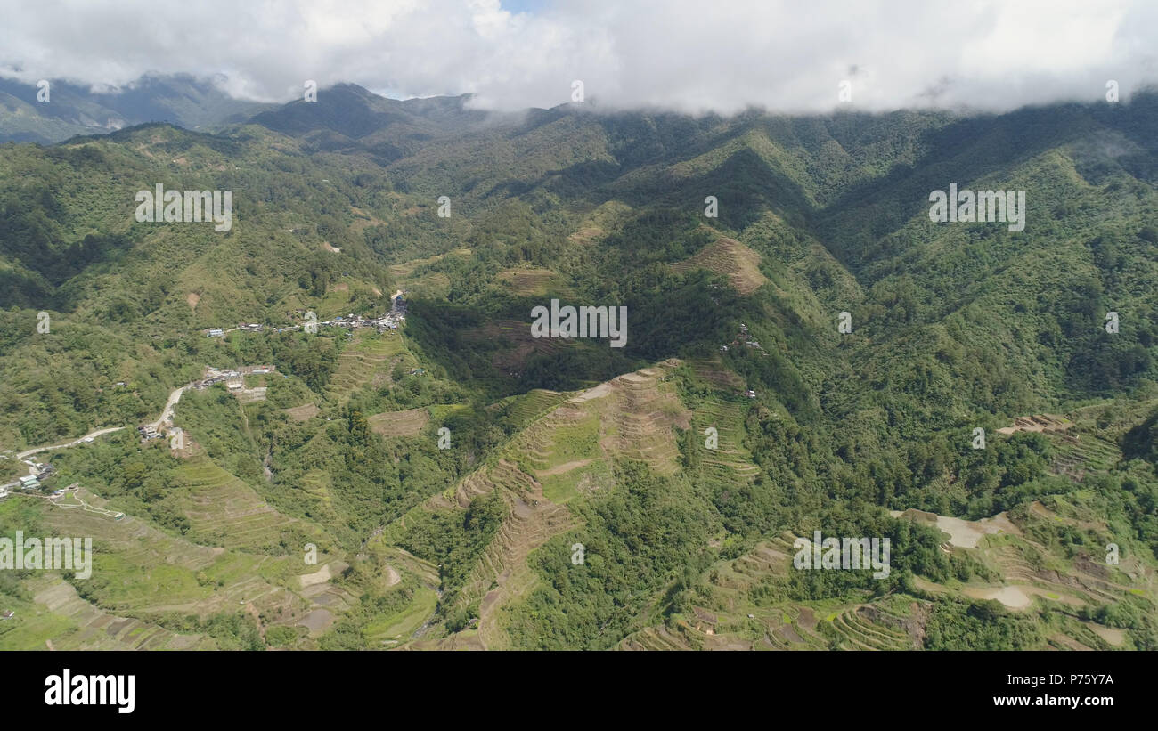 Aerial view of rice terraces on the slopes of the mountains, Banaue ...
