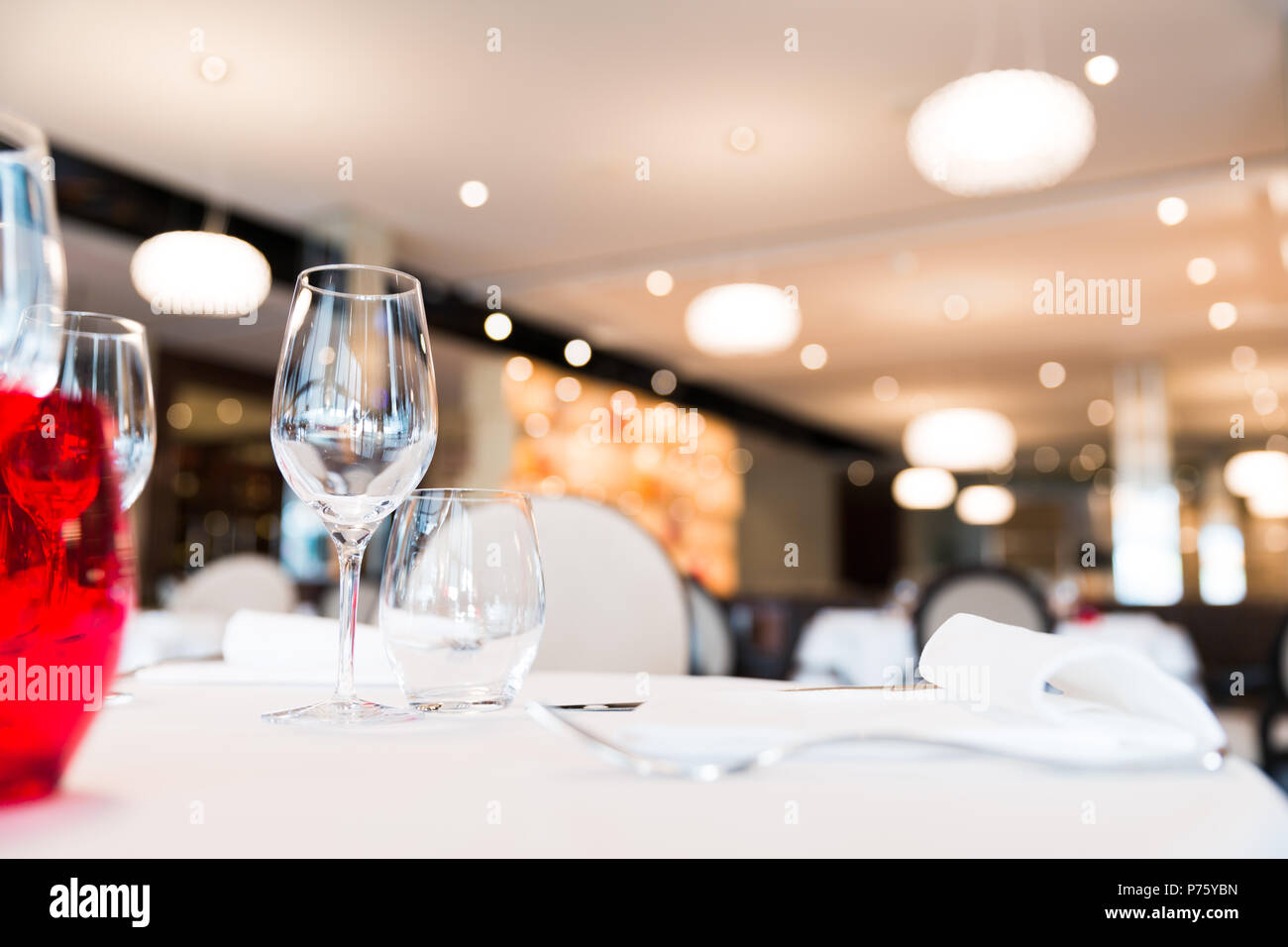 Restaurant Table Red Glass Decoration with Blurred Background Stock ...