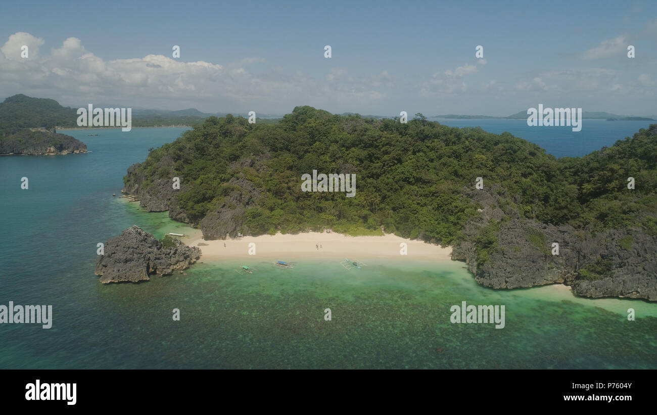 Aerial view Matukad island with sand beach and turquoise water in blue ...