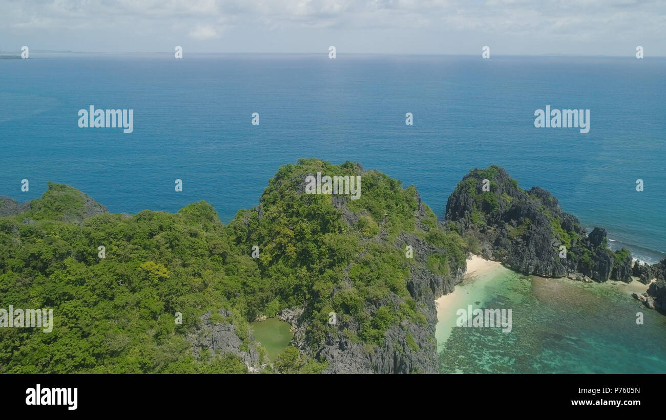 Aerial view Matukad island with sand beach and turquoise water in blue ...