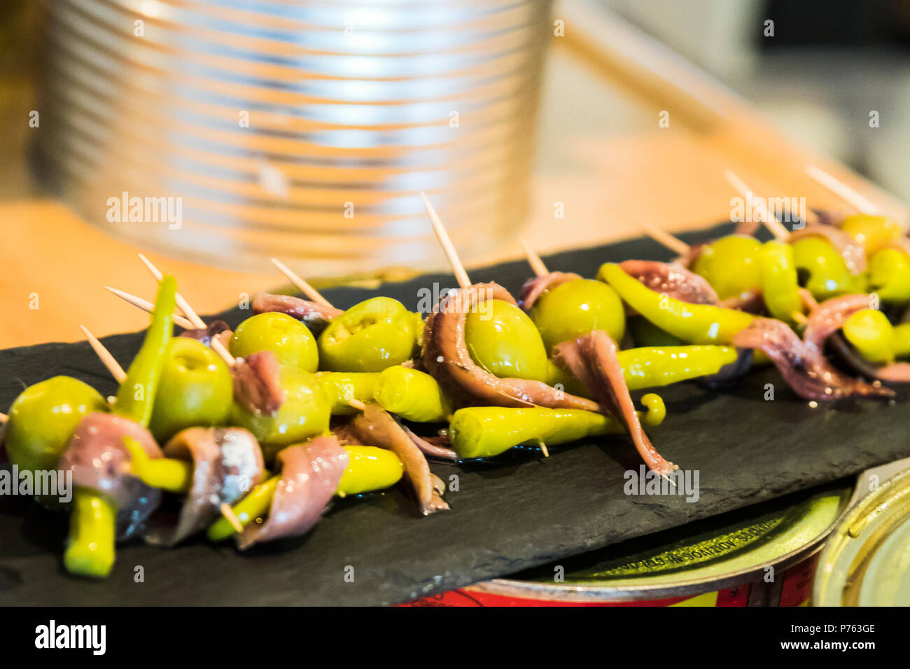 Gilda pinchos with olives and anchovies tapas Stock Photo - Alamy