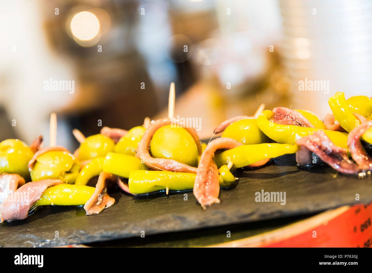 Gilda pinchos with olives and anchovies tapas Stock Photo - Alamy