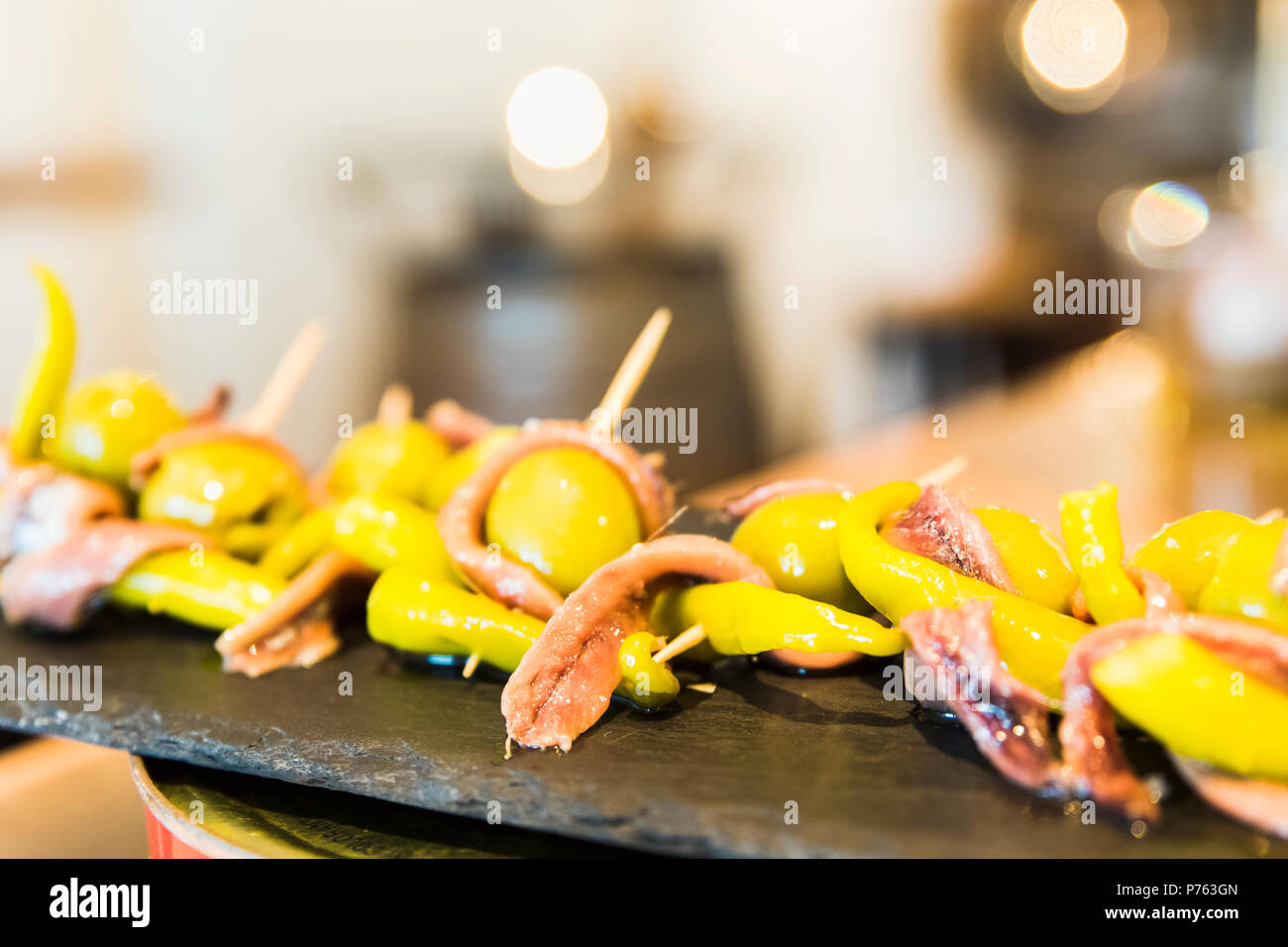 Gilda pinchos with olives and anchovies tapas Stock Photo - Alamy