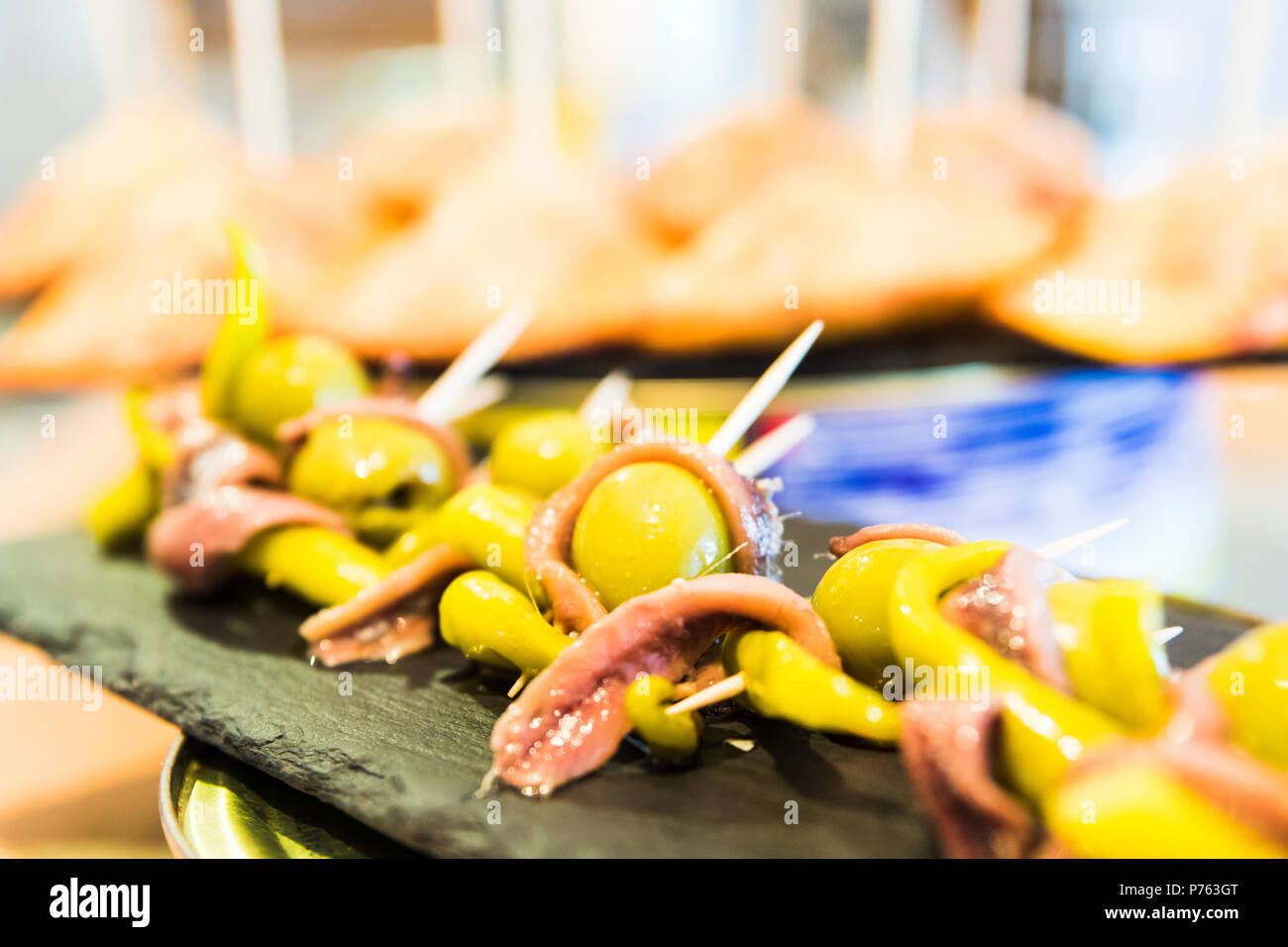Gilda pinchos with olives and anchovies tapas Stock Photo - Alamy