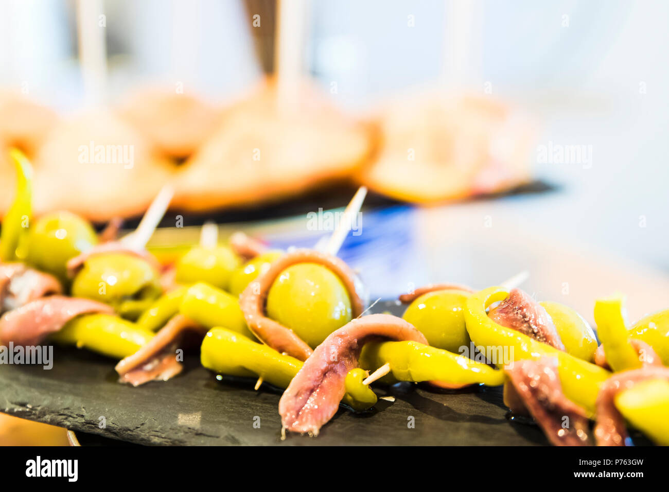 Gilda pinchos with olives and anchovies tapas Stock Photo - Alamy