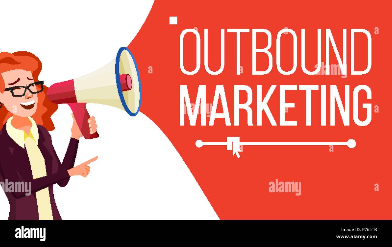 Outbound Marketing Banner Vector. Female With Megaphone. Loudspeaker ...