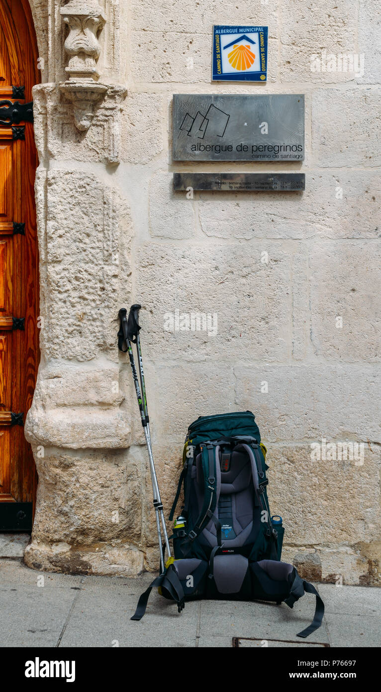 Burgos, Spain - June 13, 2018: Hiker's backpack and walking stick in ...