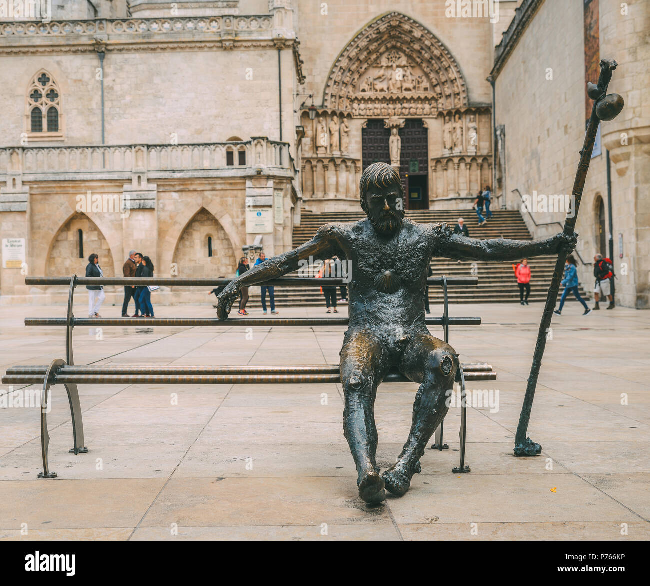 Burgos, Spain - June 13, 2018: Tired pilgrim statue at Plaza Rey San ...