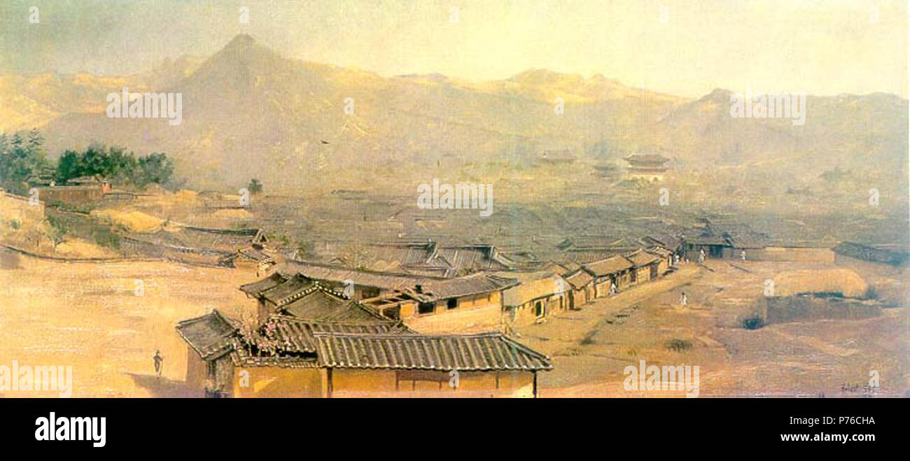 The cityscape painting of Seoul painted by Hubert Vos in 1899, Oil ...