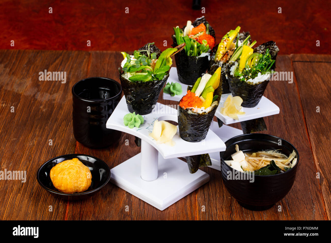 Japanese Temaki set with miso soup and seafood Stock Photo - Alamy