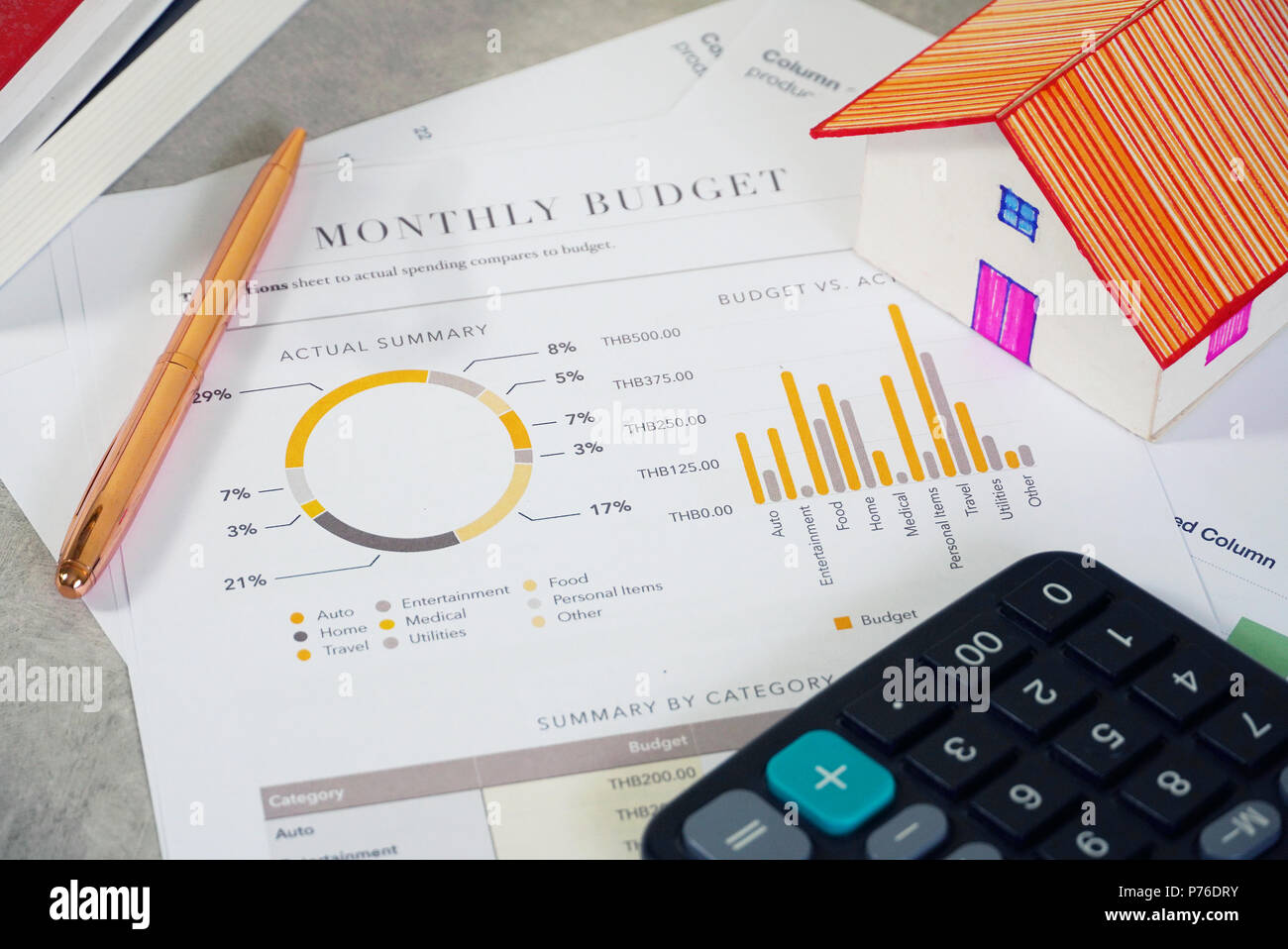 House model and calculator and pen on budget document,finance concept ...