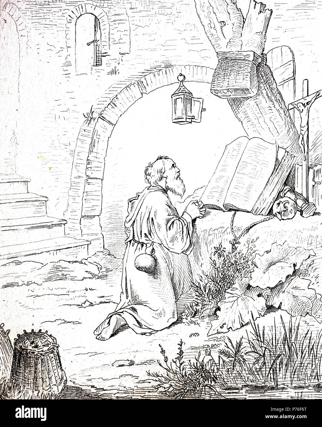 Hermit praying, digital improved reproduction of an original print from ...
