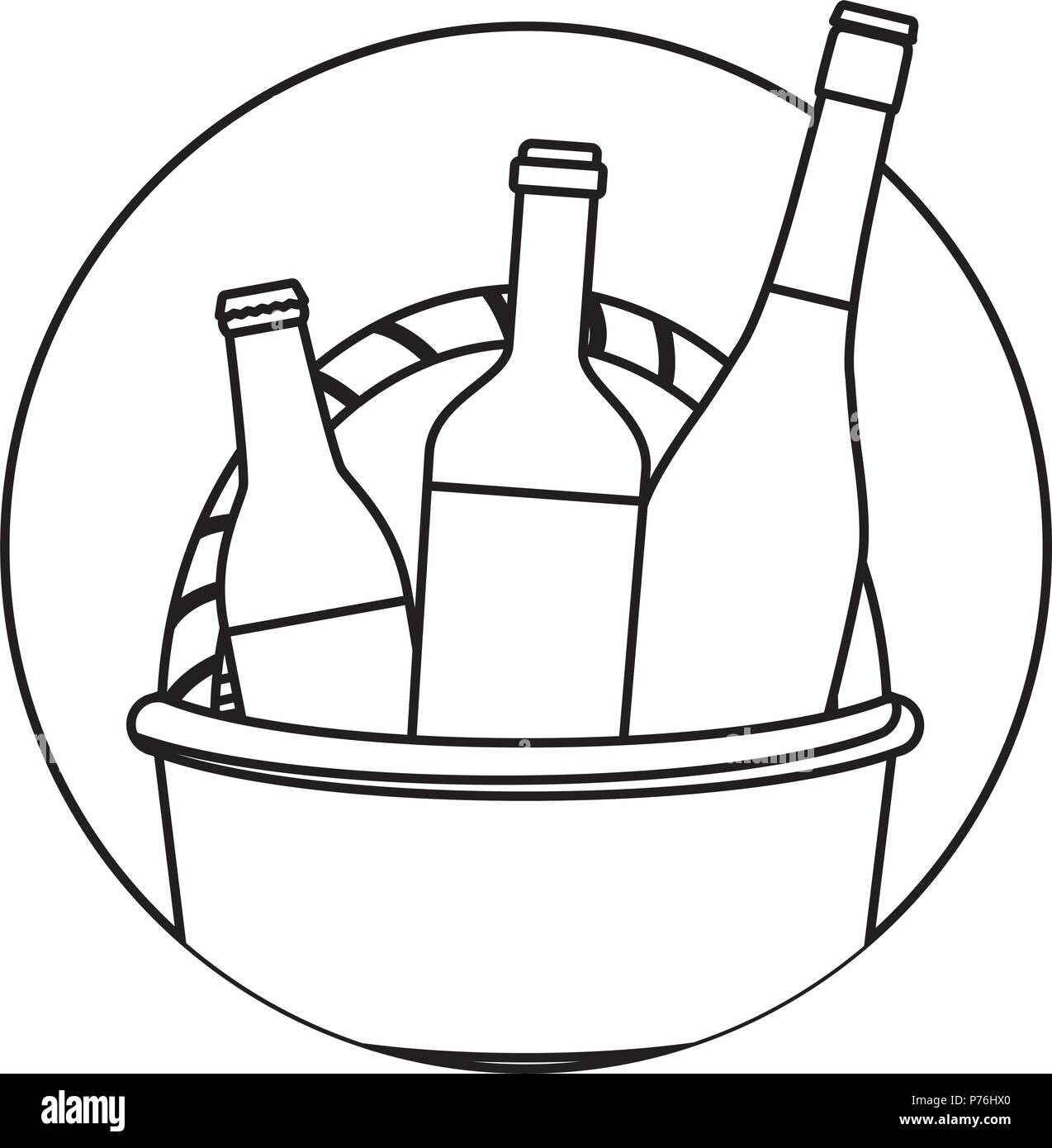picnic basket with wine bottle and drink bottles over white background ...