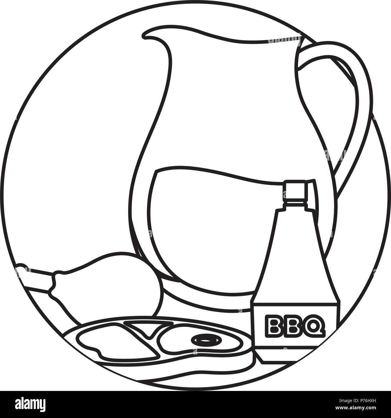 lemonade pitcher with steak meat and bbq sauce over white background ...