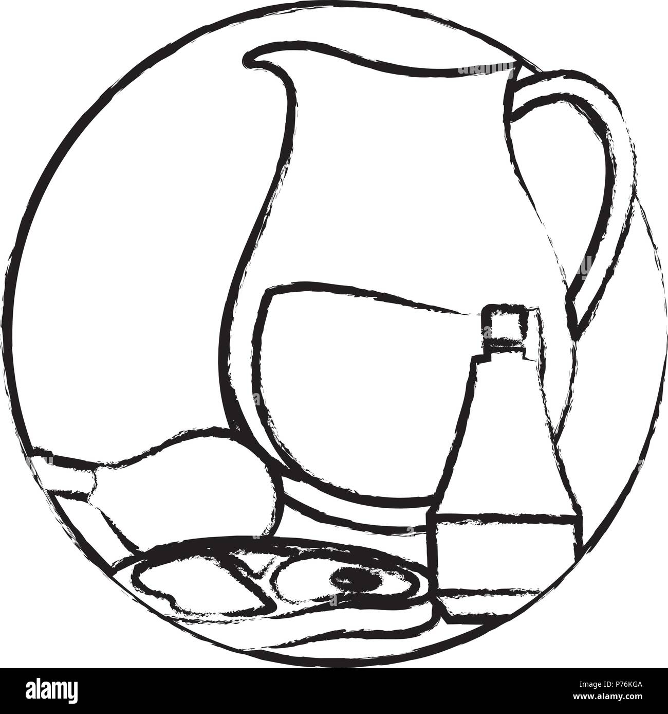 lemonade pitcher with steak meat and bbq sauce over white background ...