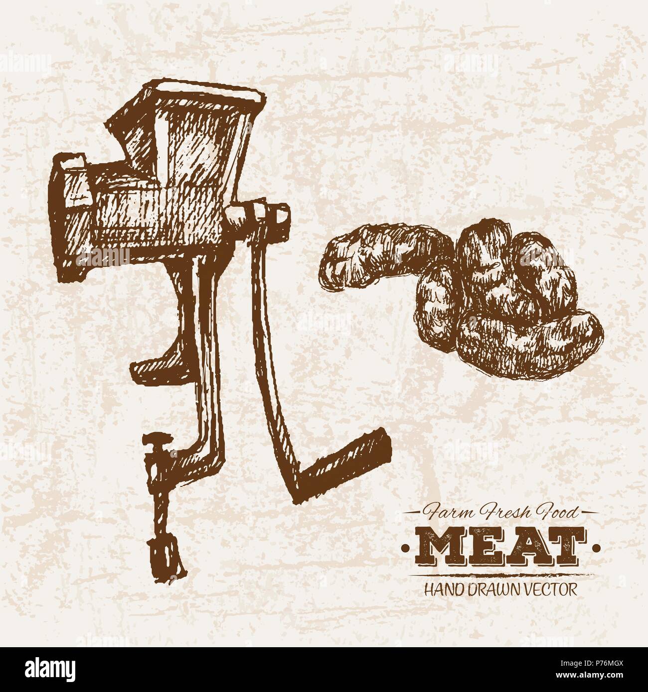 Hand drawn sketch meat and mincing machine, farm fresh food, black and ...