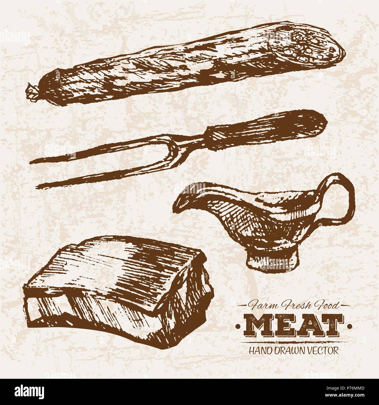 Hand drawn sketch pork meat products set, farm fresh food, black and ...