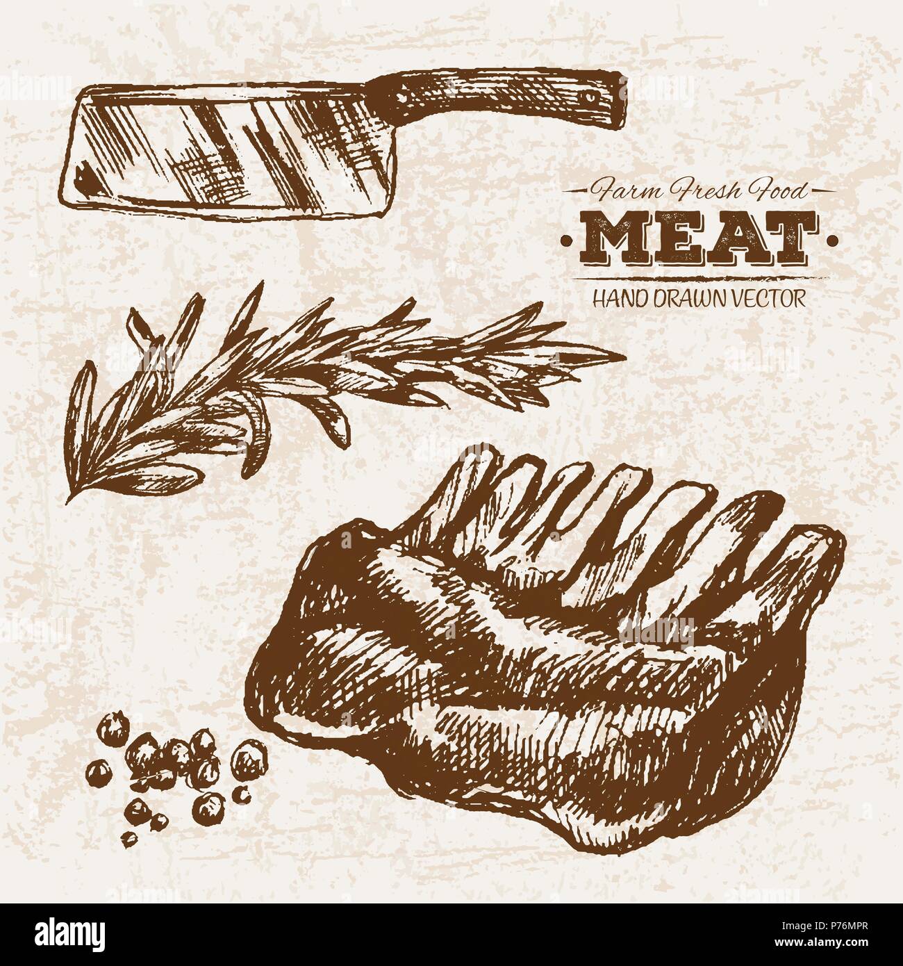 Hand drawn sketch grilled ribs meat and knife products set, farm fresh ...