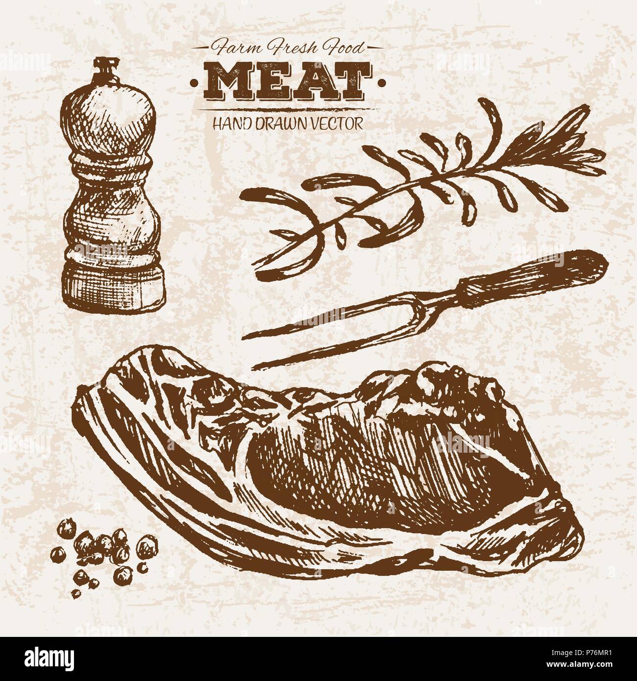 Hand drawn sketch stake meat products set, farm fresh food, black and ...
