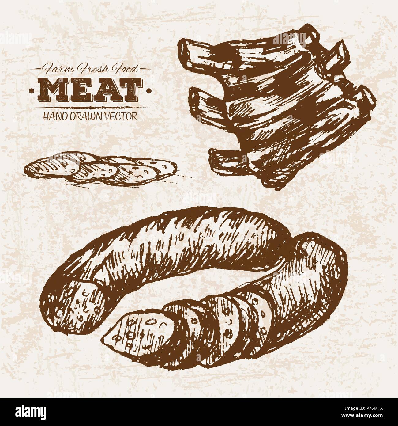 Hand drawn sketch salami and ribs meat products set, farm fresh food ...