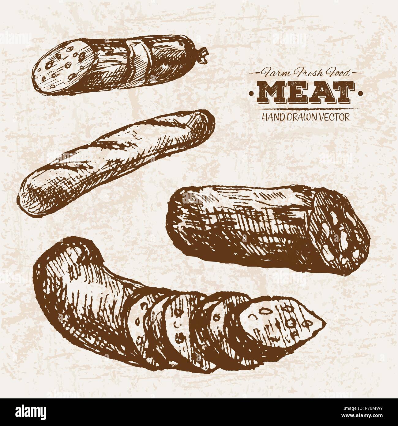 Hand drawn sketch salami and sausages meat products set, farm fresh ...