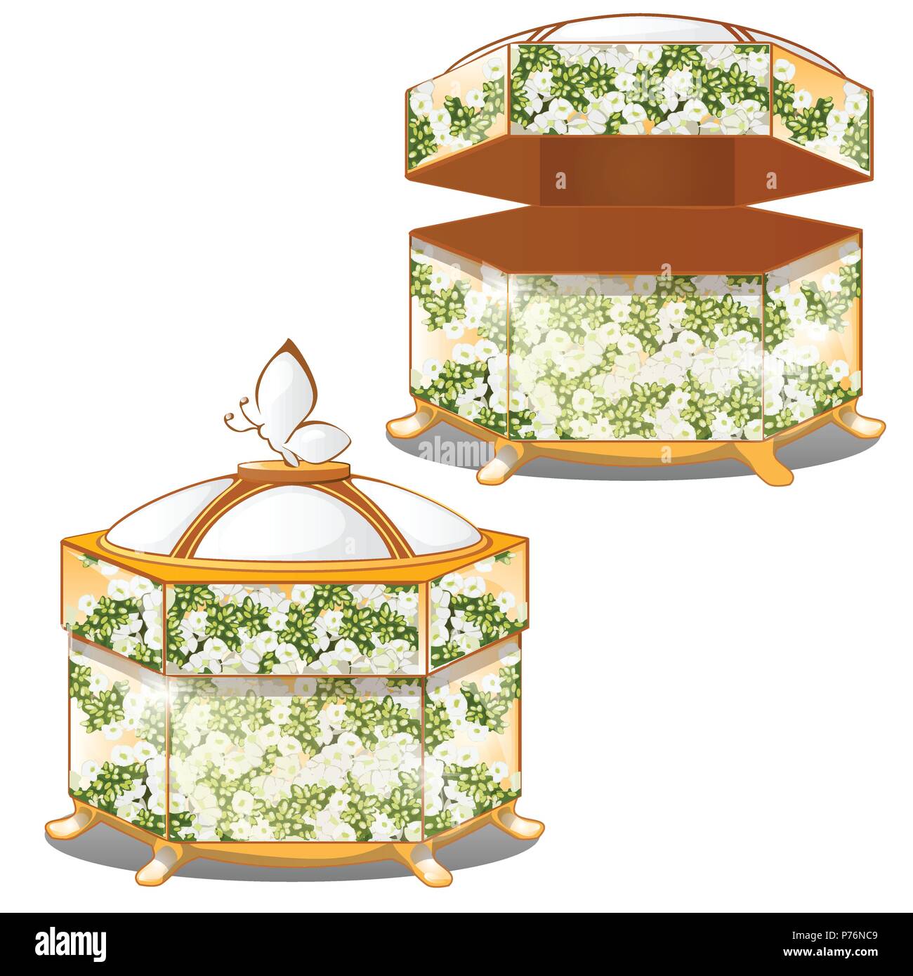 Set of closed and opened ornate gift boxes with lids green color with ...