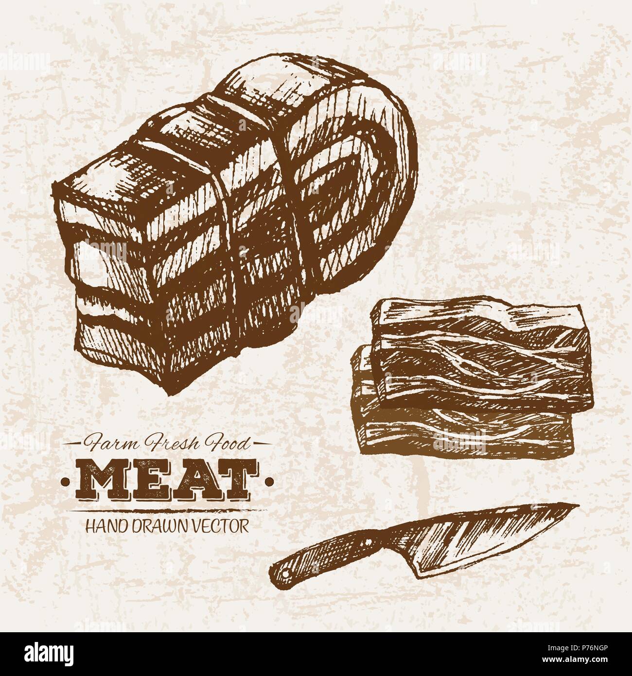 Hand drawn sketch ham meat and fat products set, farm fresh food, black ...