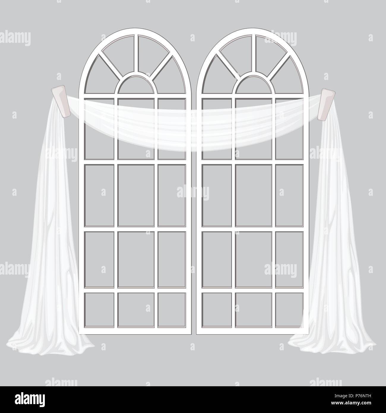 French window and white curtain isolated on a gray background. Vector ...