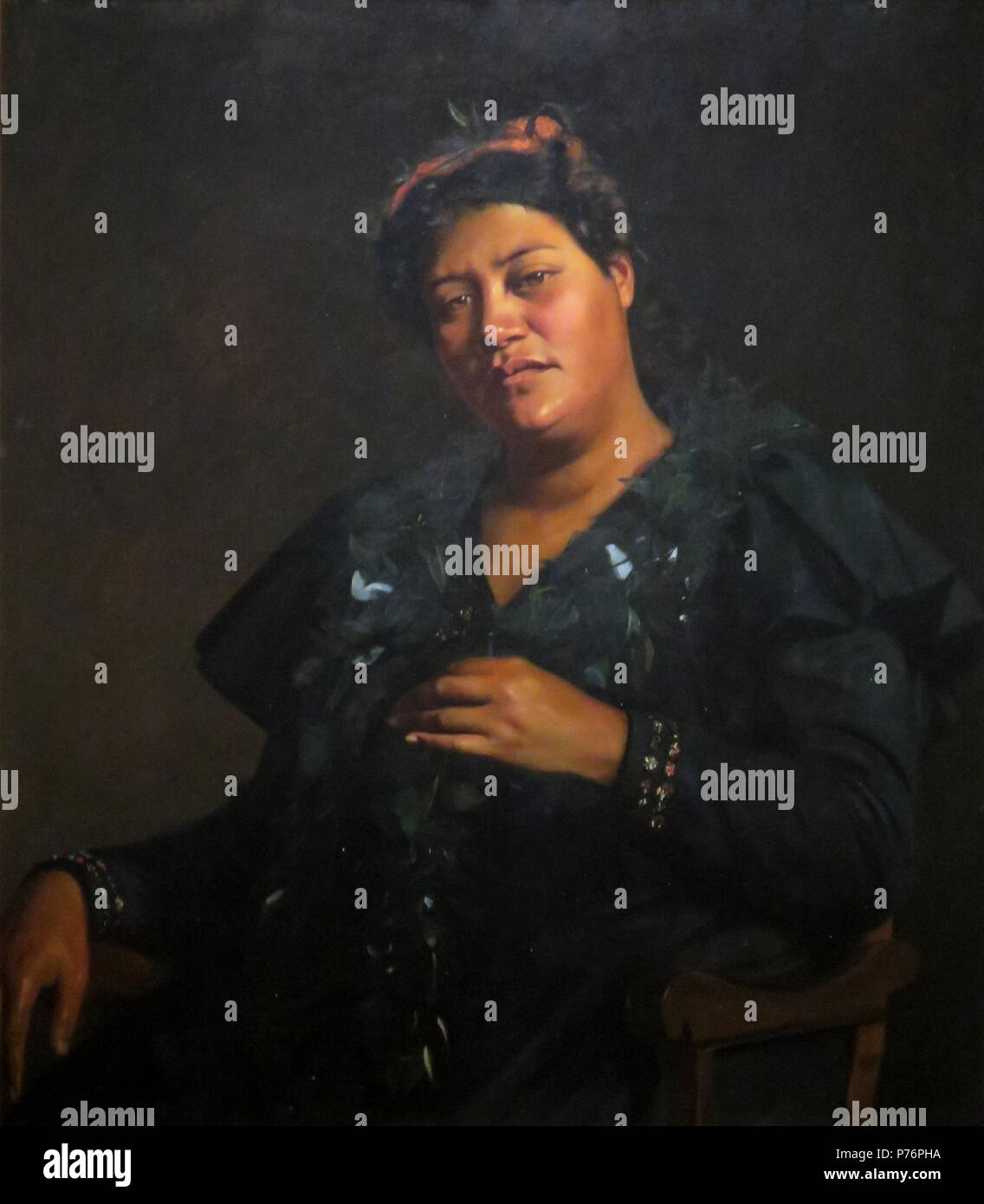 English: Ekekela: Hawaiian Flower Girl by Hubert Vos, 1899, oil on ...