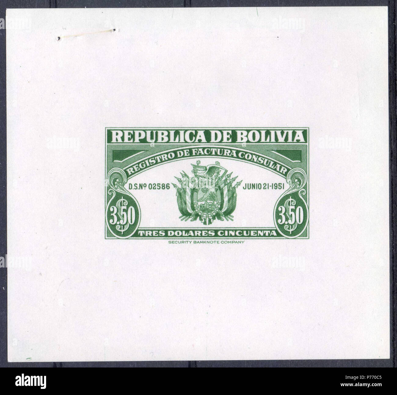 English: Proof of 1951 Bolivian consular invoice fee stamp. 1951 or ...