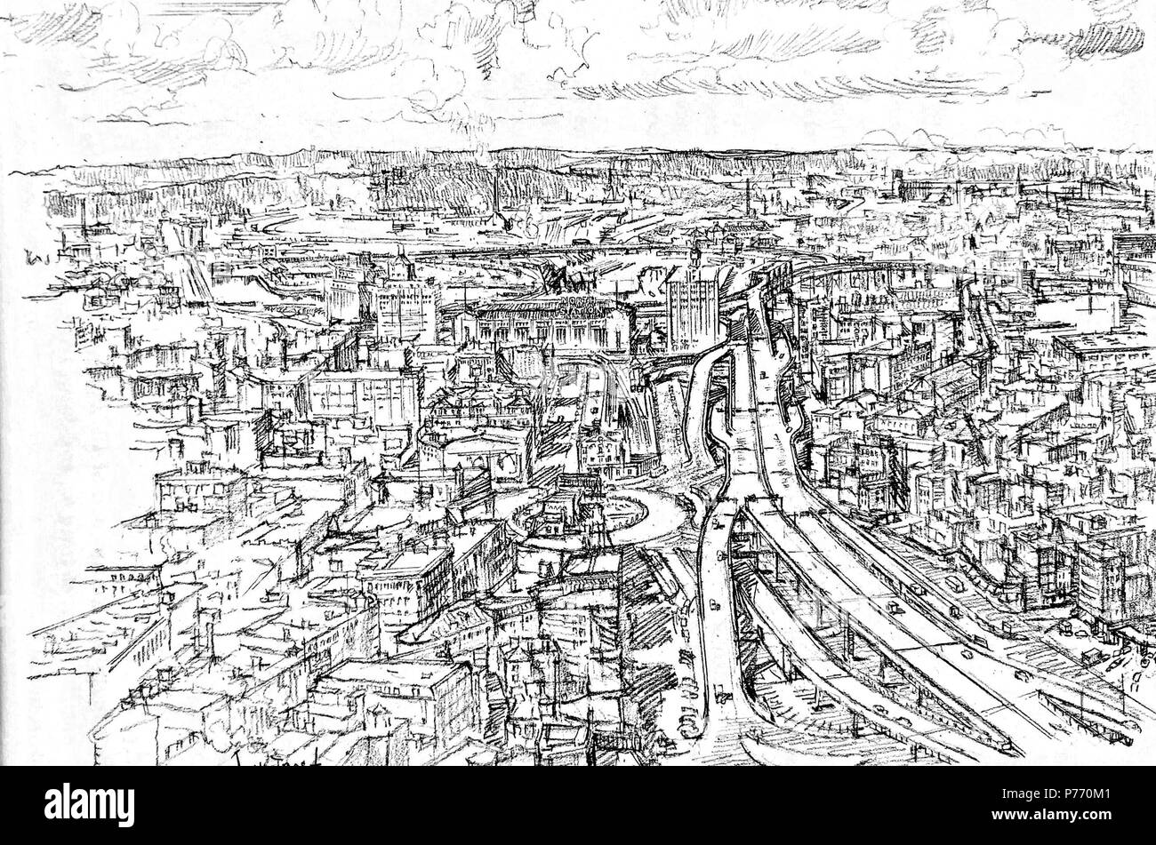 English: Drawing of Boston as seen from Customs House Tower in 1950s ...