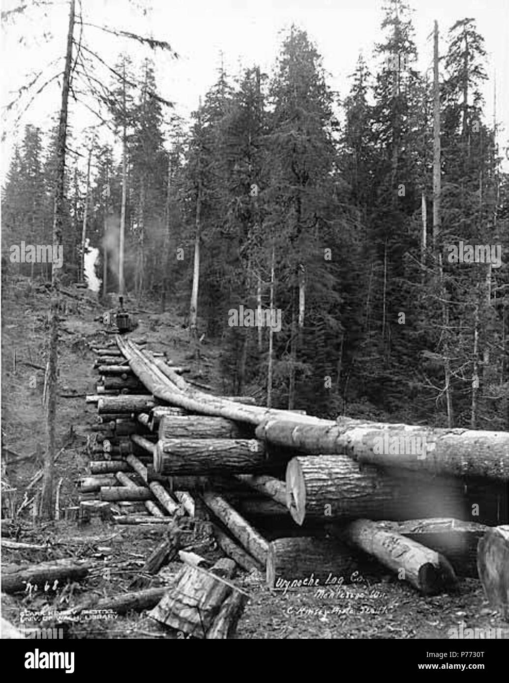 . English: Donkey engine at end of skid road built on top of a log ...