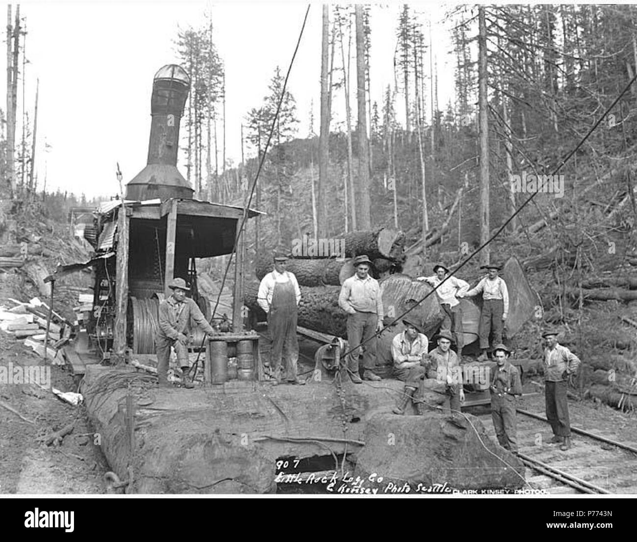 . English: Logging crew and donkey engine, Little Rock Logging Company ...