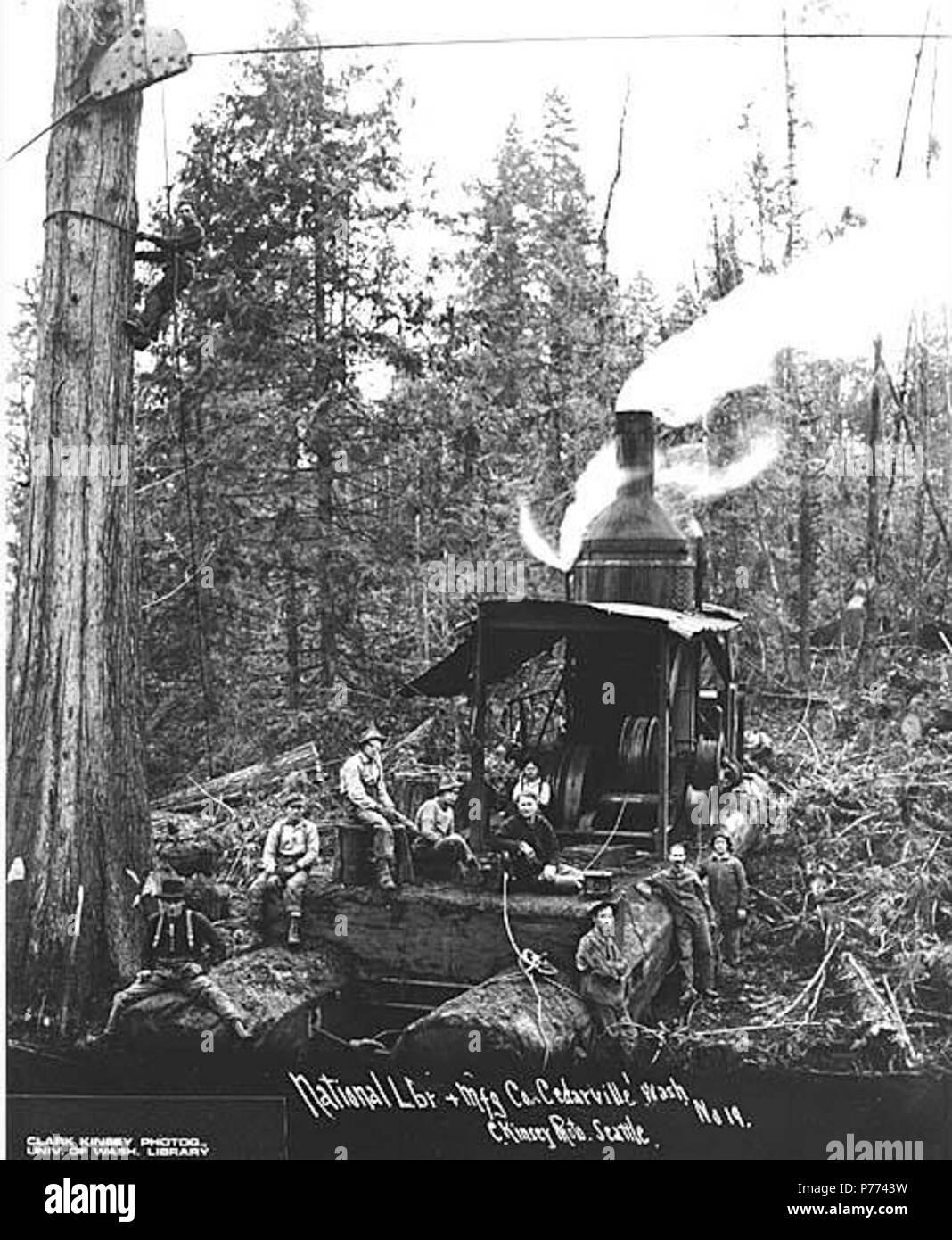 . English: Logging crew and donkey engine, National Lumber and ...