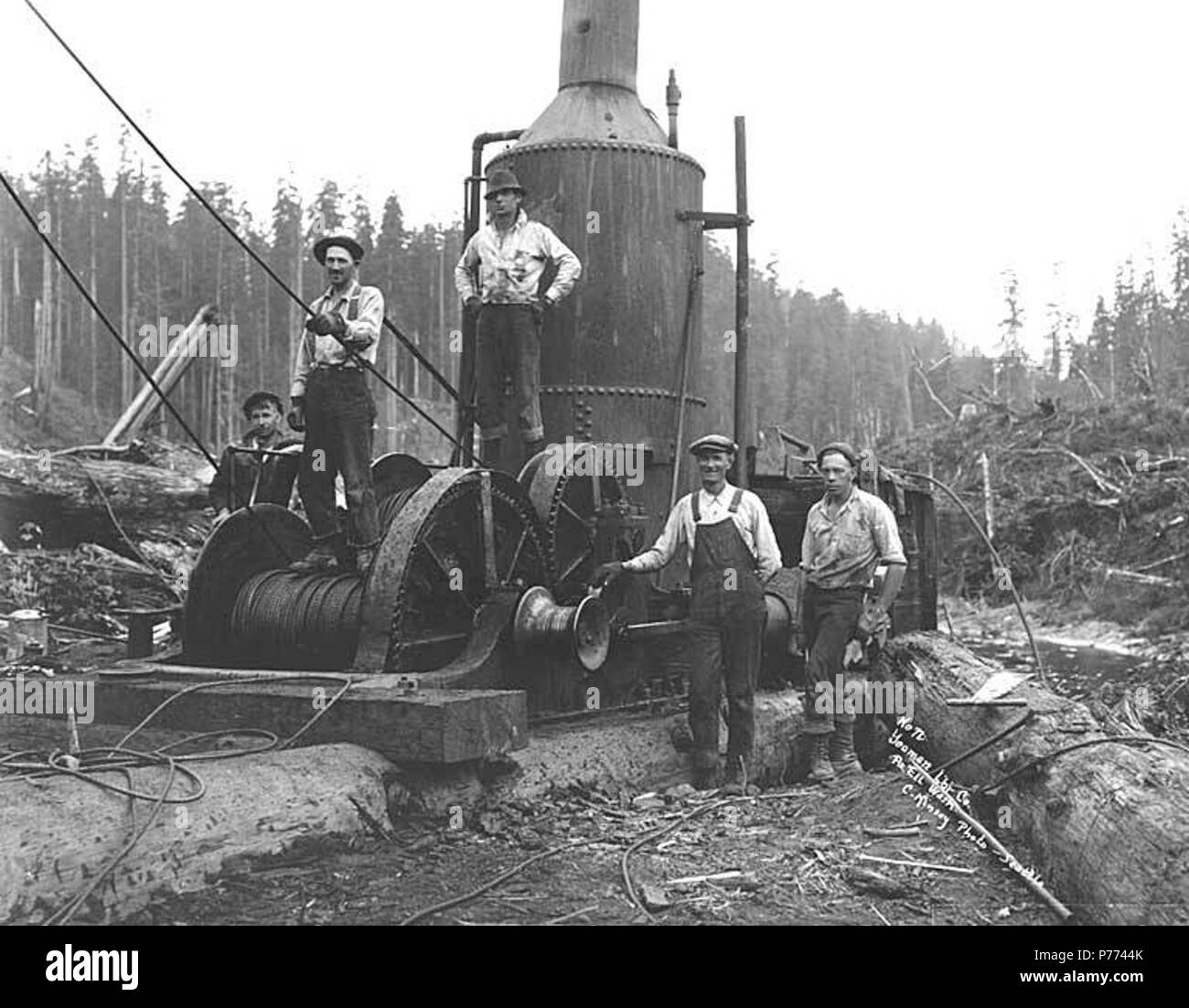 . English: Logging crew and donkey engine, Yeoman Lumber Company, Pe ...