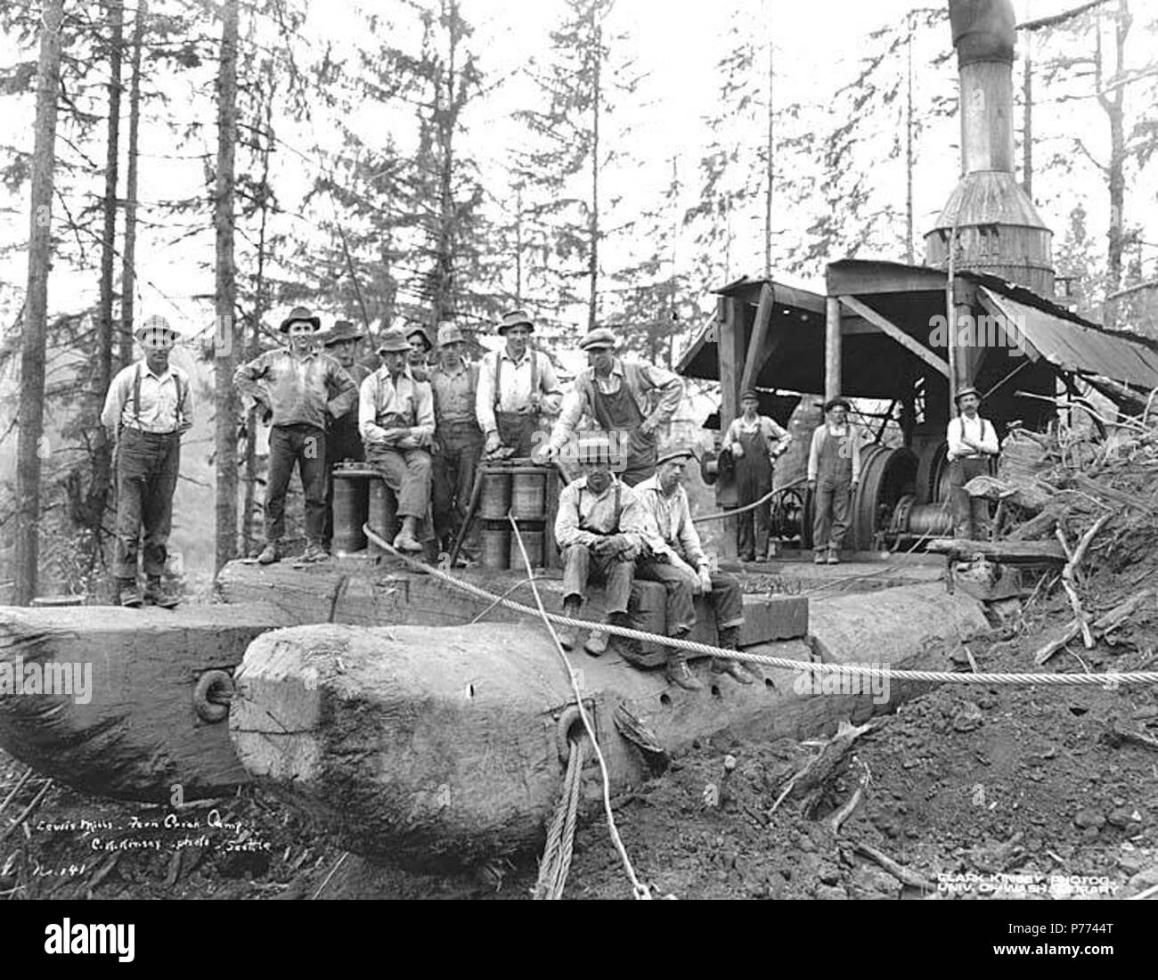 . English: Logging crew and Willamette donkey engine, Lewis Mills and ...