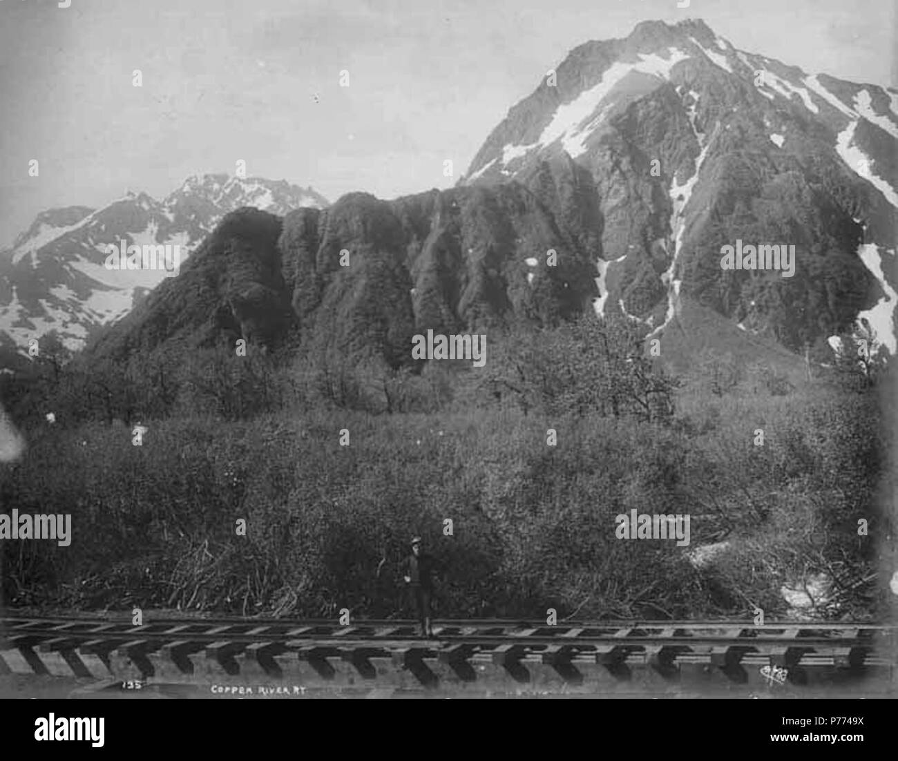 . English: Man posing on railroad tracks with mountains in background ...