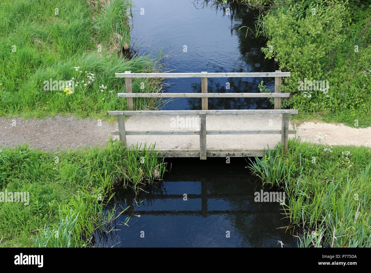 Footpath crossing a stream using a wooden bridge with vegetation either ...