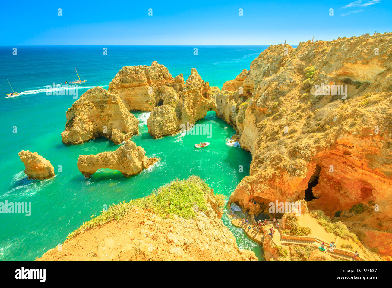 Aerial view of staircase leading to the base of cliffs of Ponta da ...