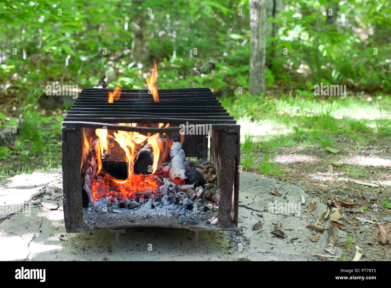 A camp site fire pit is lit, burning with glowing coals and ember on a ...