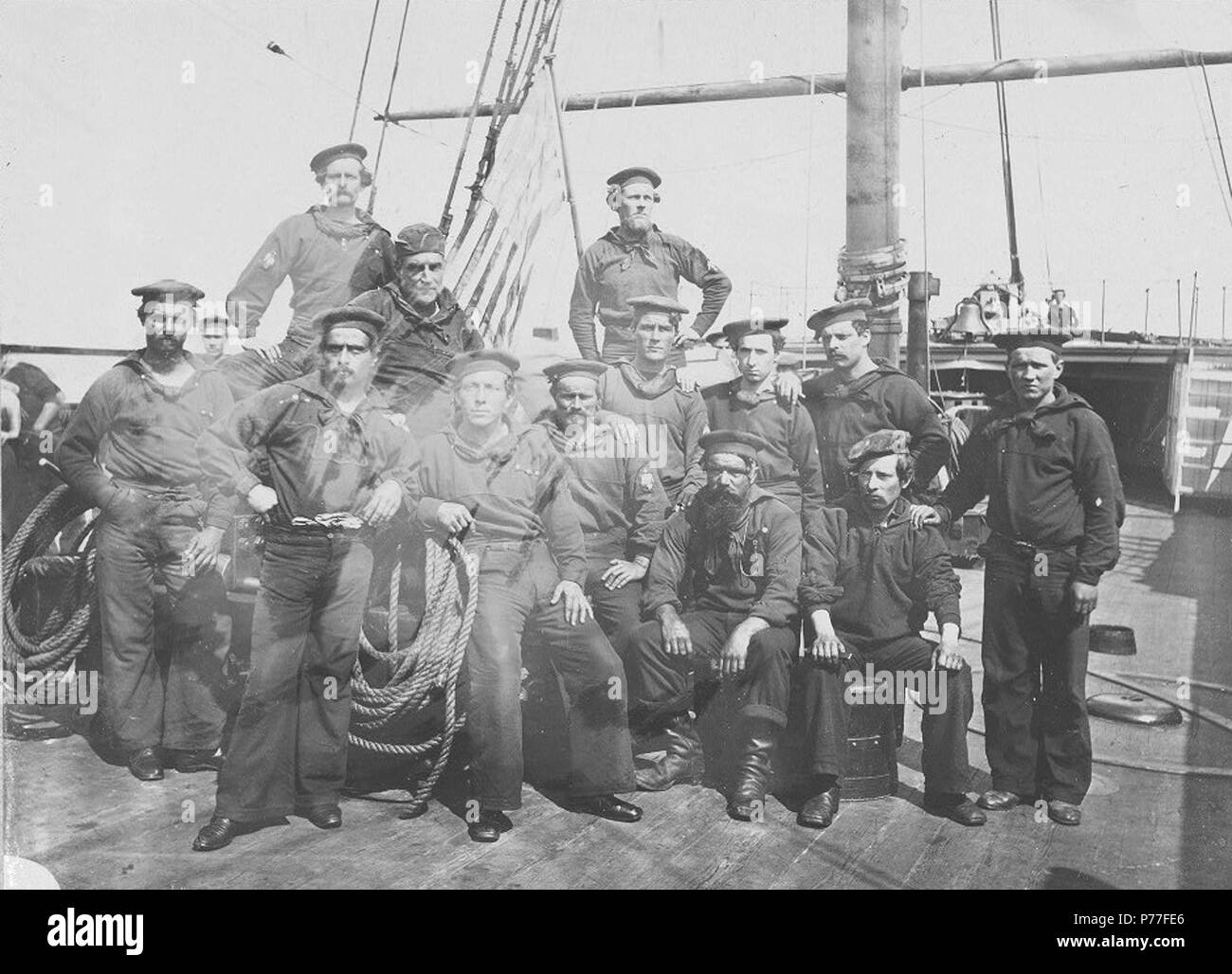 English: Crew members on deck of USS Unadilla (1861), grouped around a ...