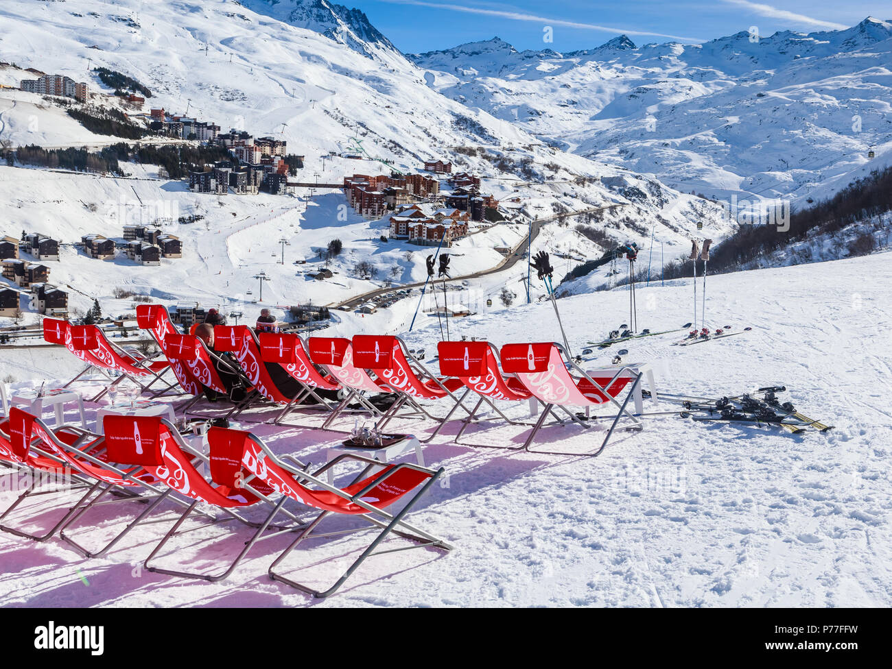 Chairs on the slopes of the mountains in the Alps. Ski resort Val ...